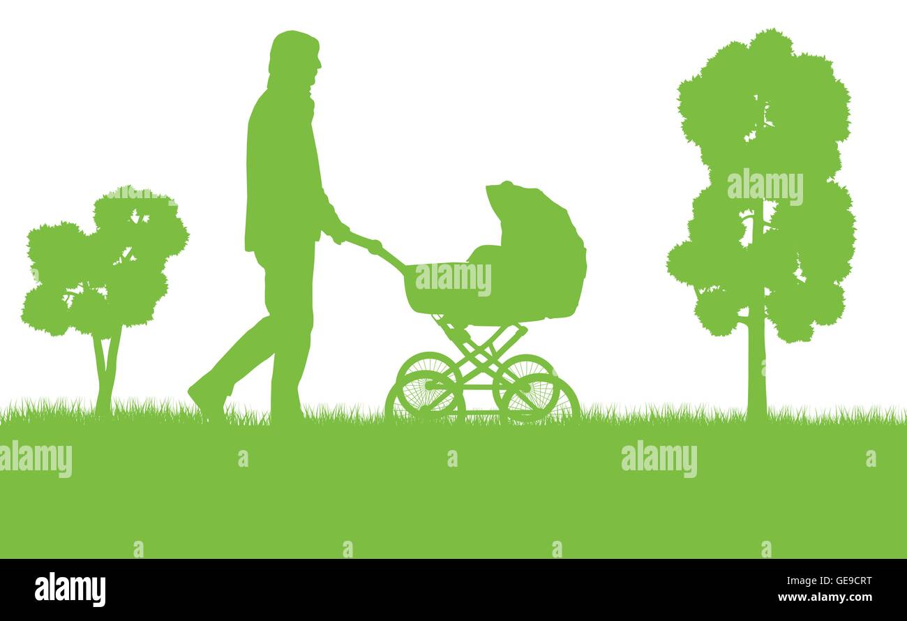 Dad with baby pram outdoor vector ecology background concept Stock ...