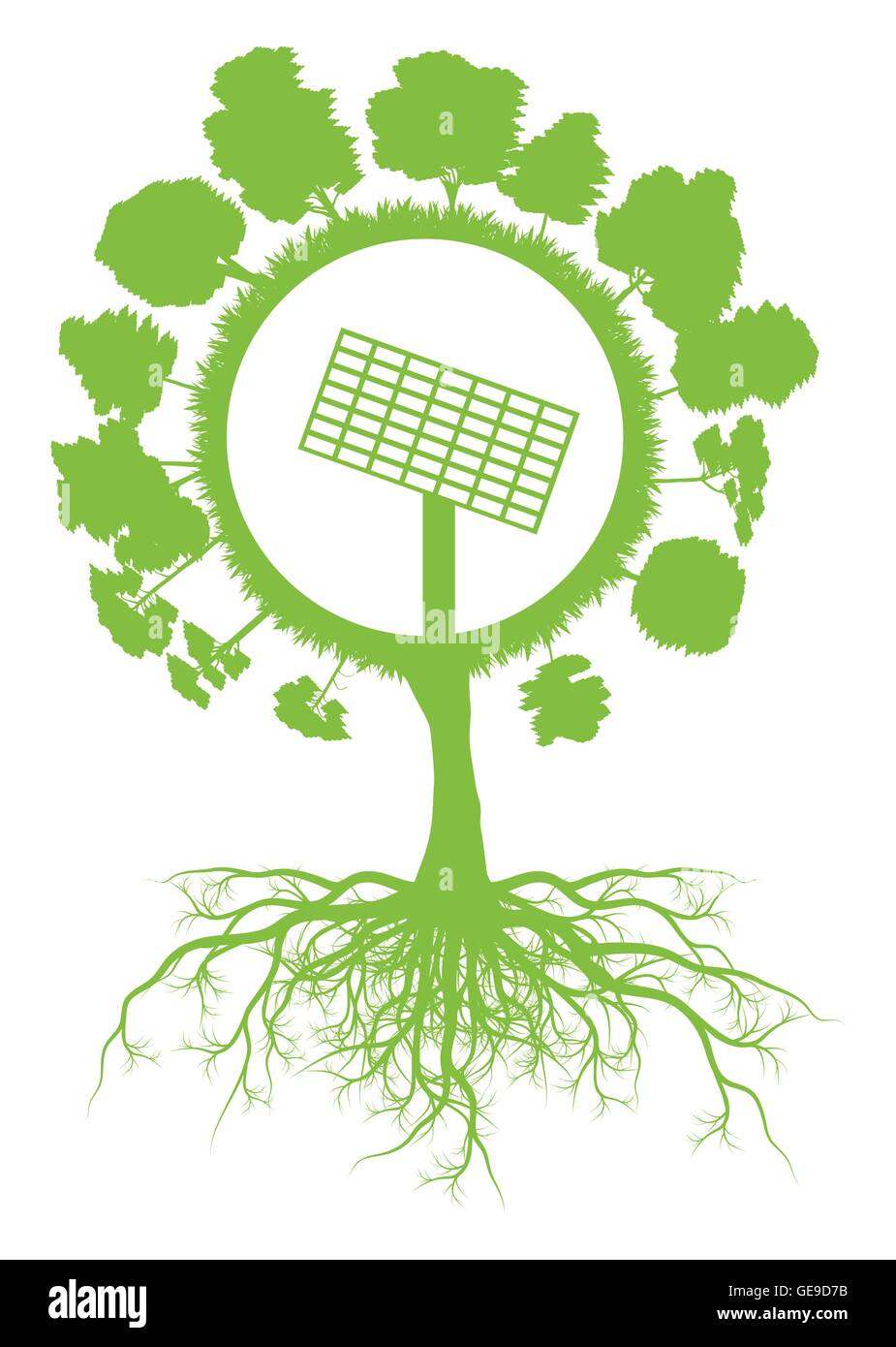 Ecology environmental green tree with roots and solar panel symbol ...