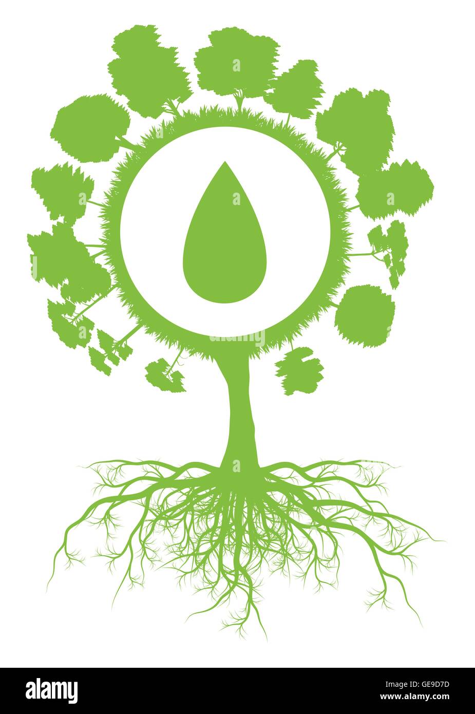Ecology environmental green tree with roots and water drop symbol ...