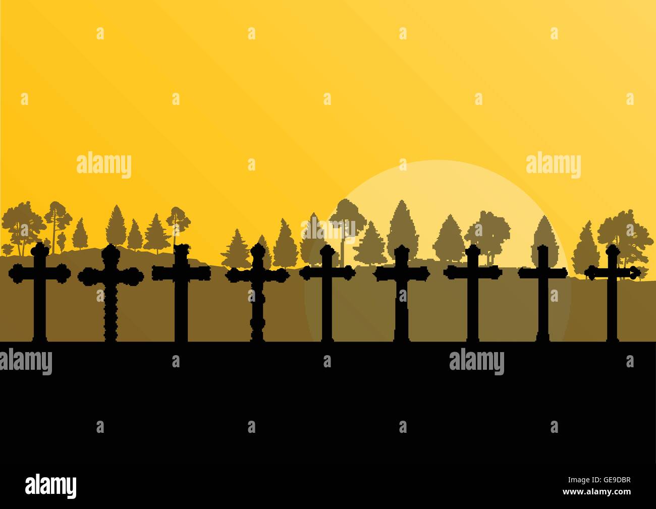 Cross on a hill at sunset vector background concept landscape for ...
