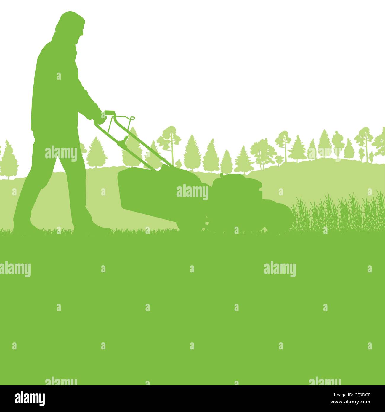 Man with lawn mover cutting grass vector background ecology concept for ...