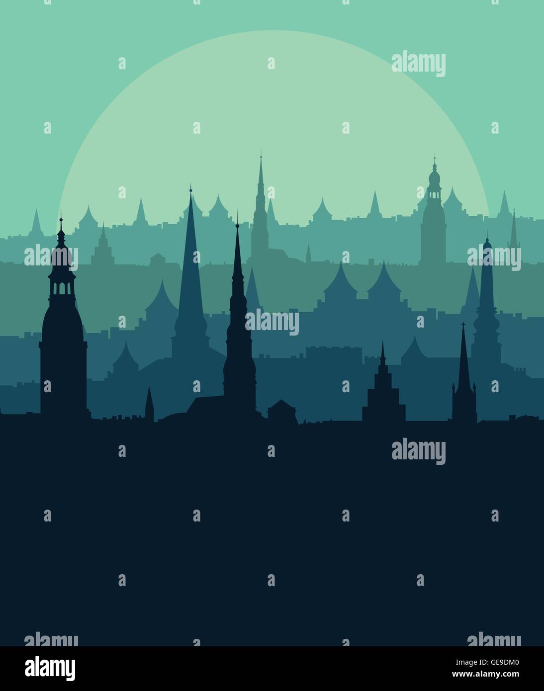 Old vintage city town landscape with moon in detailed illustration ...