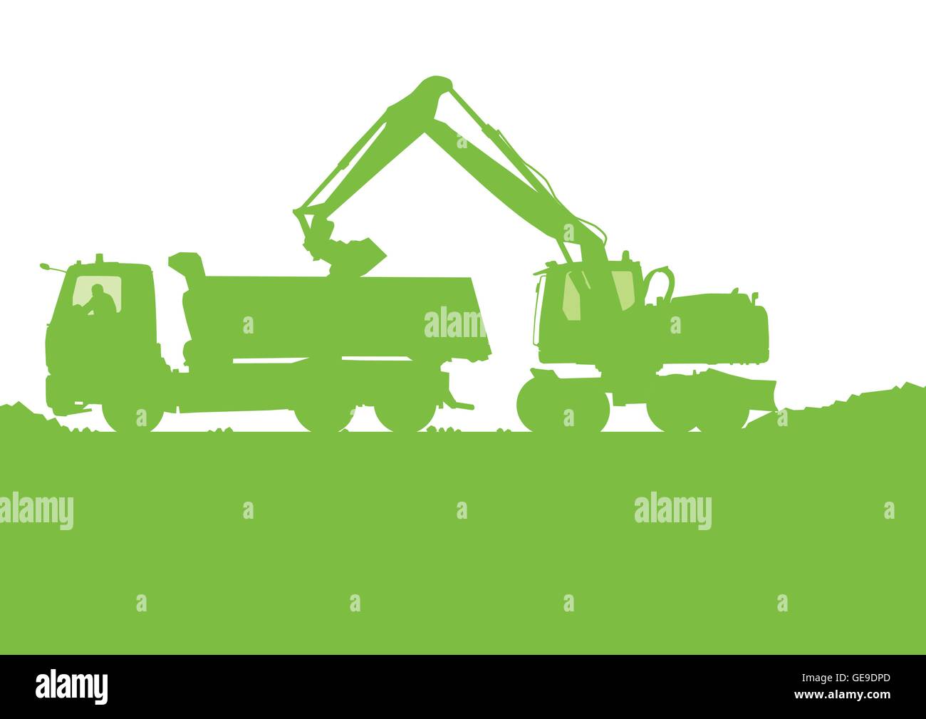 Excavator loader tractor digging at industrial construction site vector ...