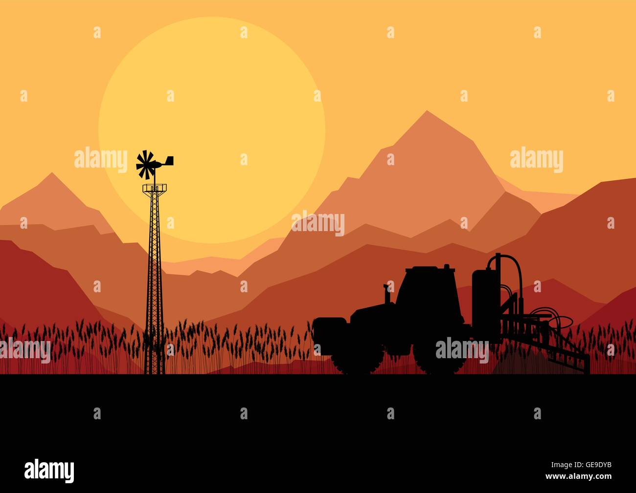 Tractor spraying a field vector background for poster Stock Vector ...