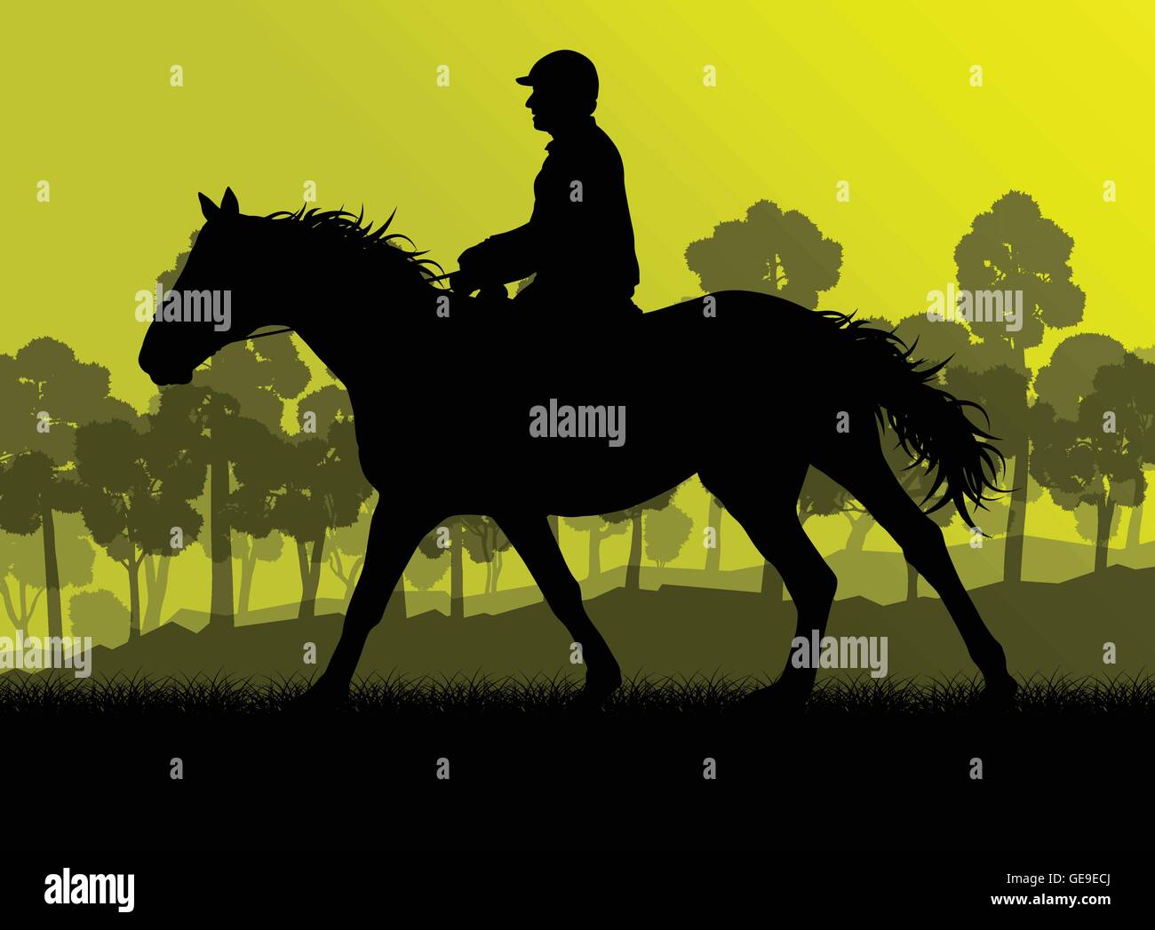 Horseback rider silhouette in nature vector background landscape ...
