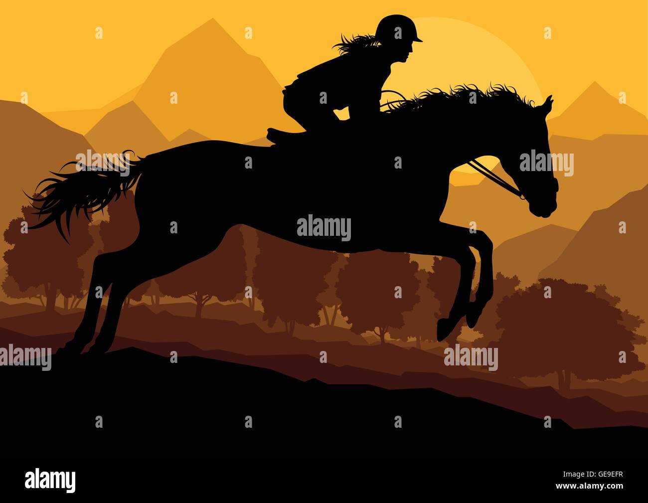 Horse with rider countryside landscape equestrian sport vector ...