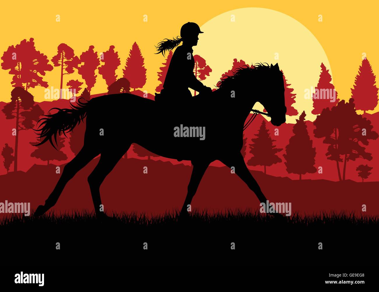 Horse with rider countryside landscape equestrian sport vector ...