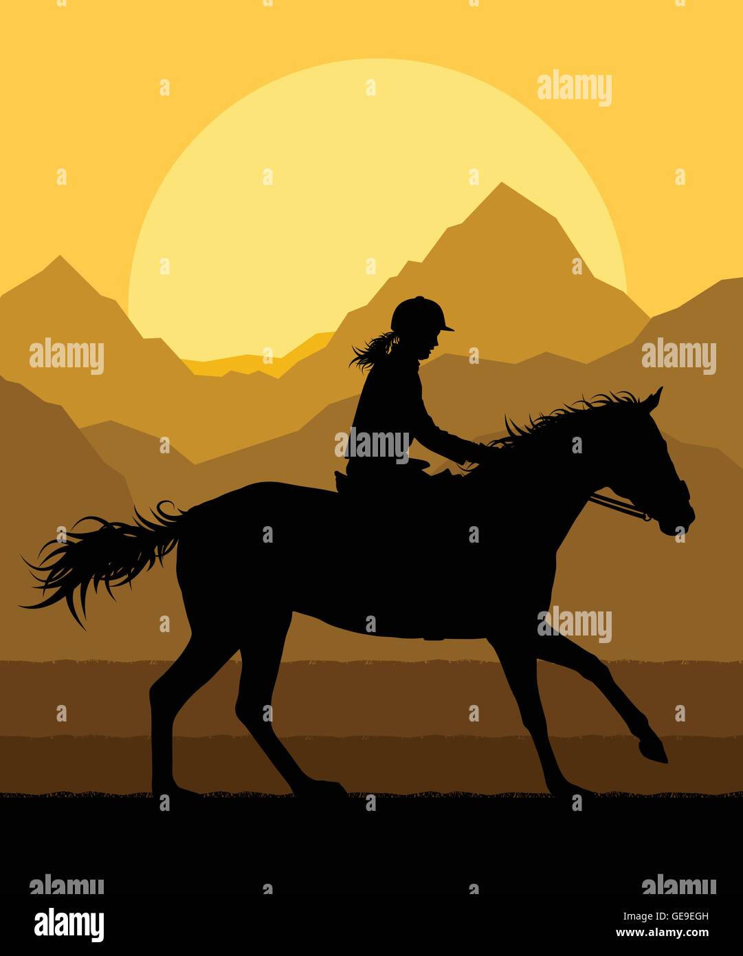 Horse with rider countryside landscape equestrian sport vector ...