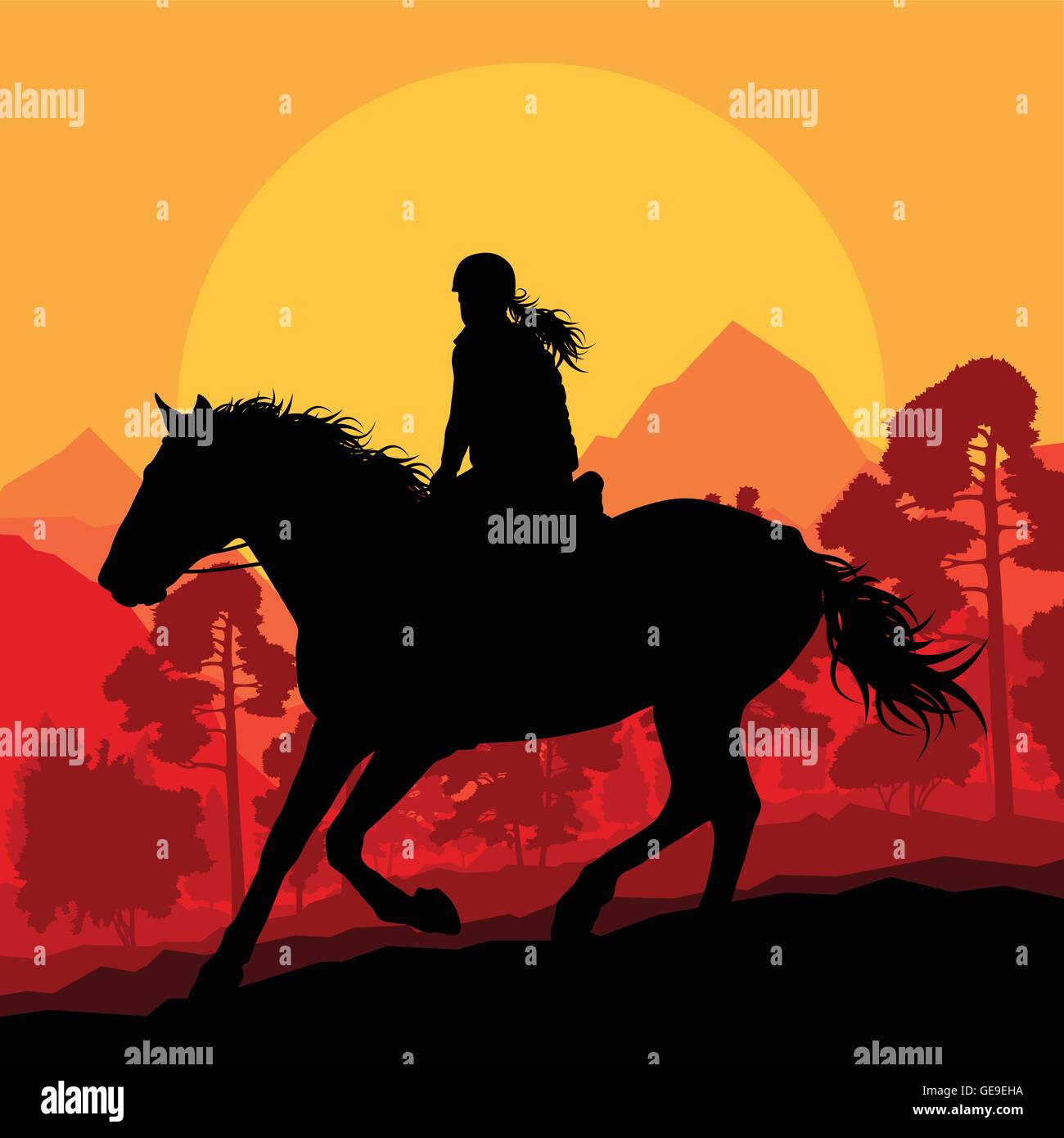 Horse with rider countryside landscape equestrian sport vector ...