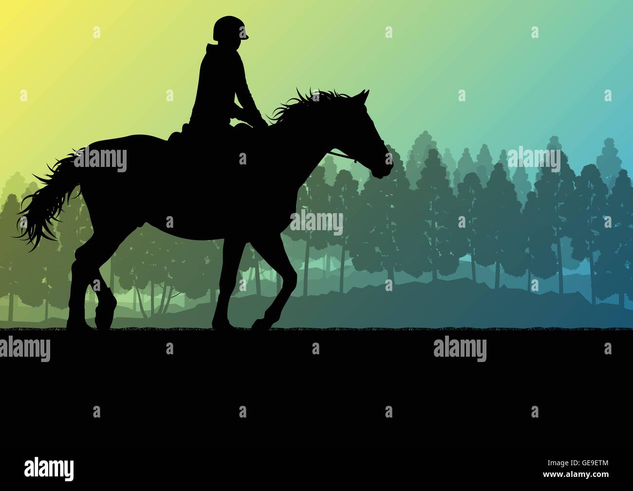 Horseback rider silhouette in nature vector background landscape ...