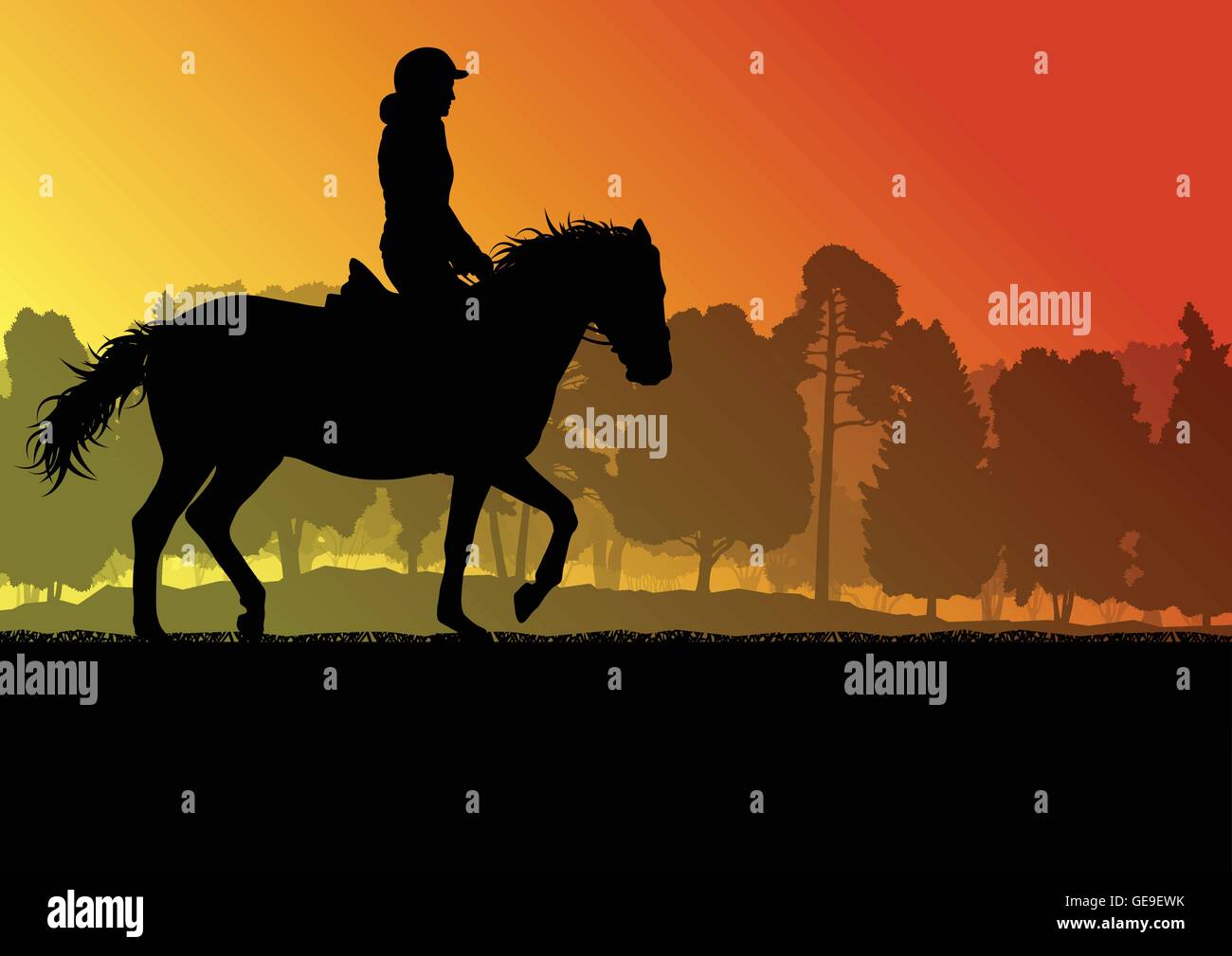 Horseback rider silhouette in nature vector background landscape ...
