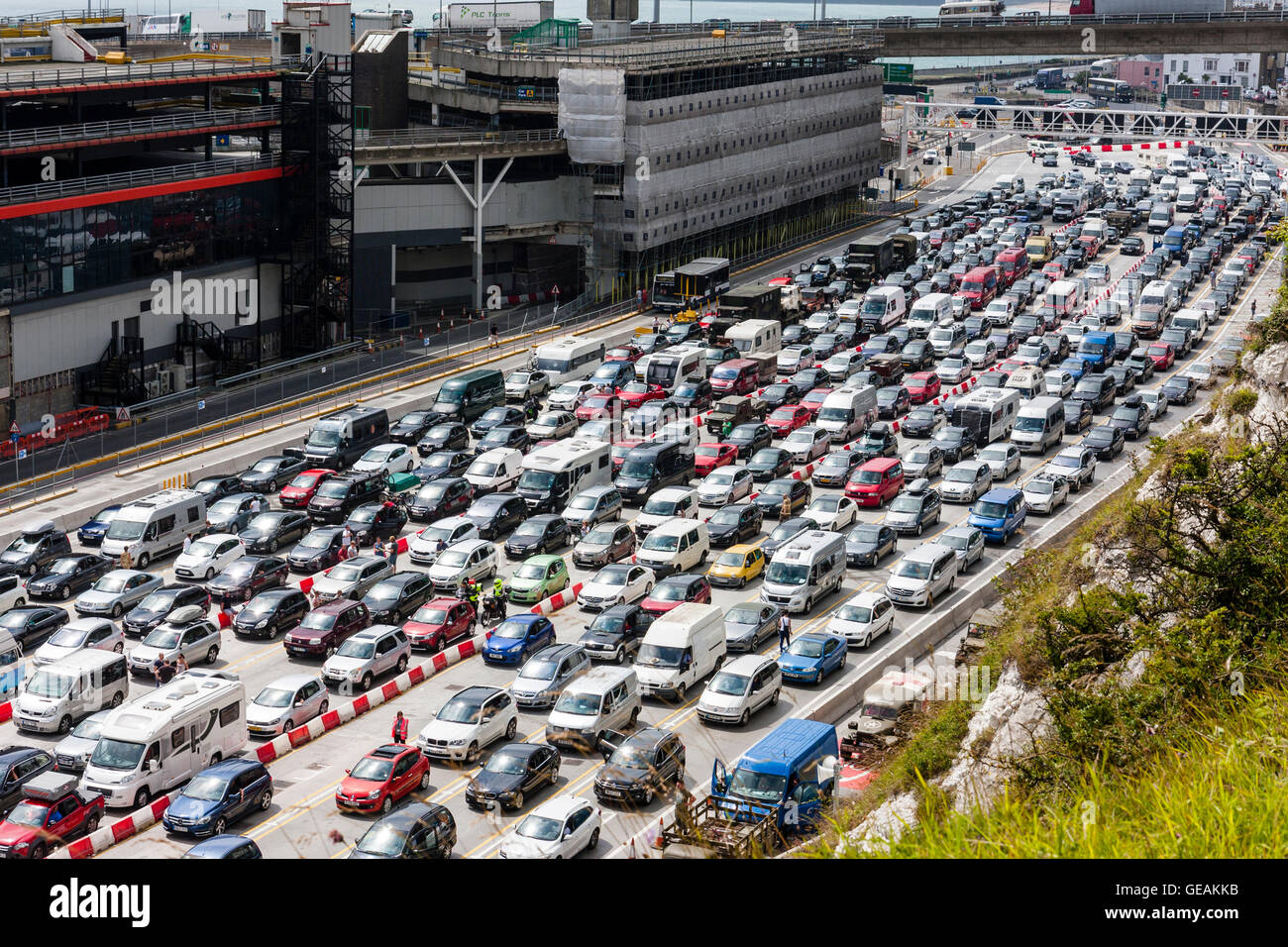 Traffic queue. 10 lanes of traffic queuing for Border Controls at the ...
