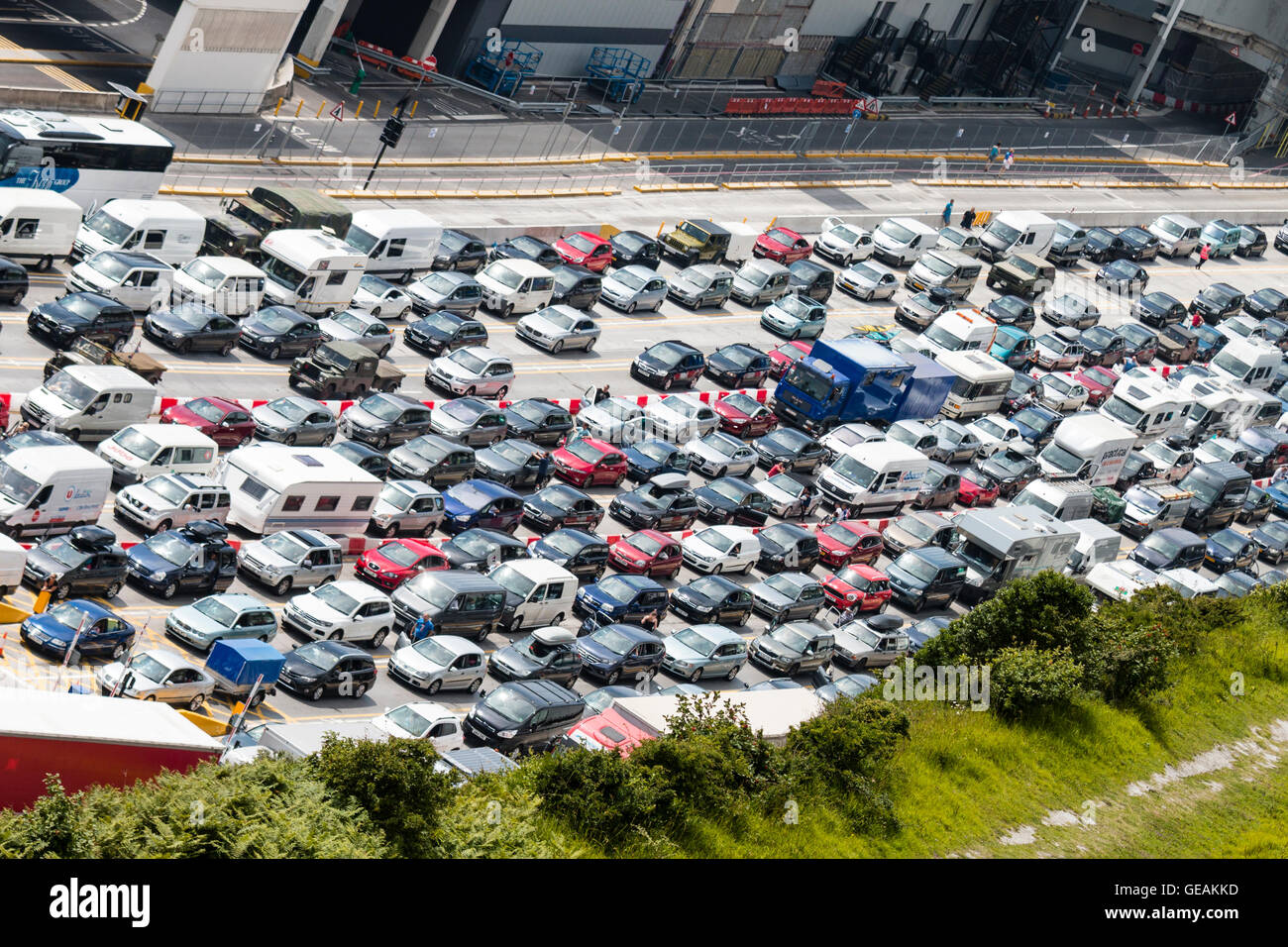 Traffic queue. 10 lanes of traffic queuing for Border Controls at the ...