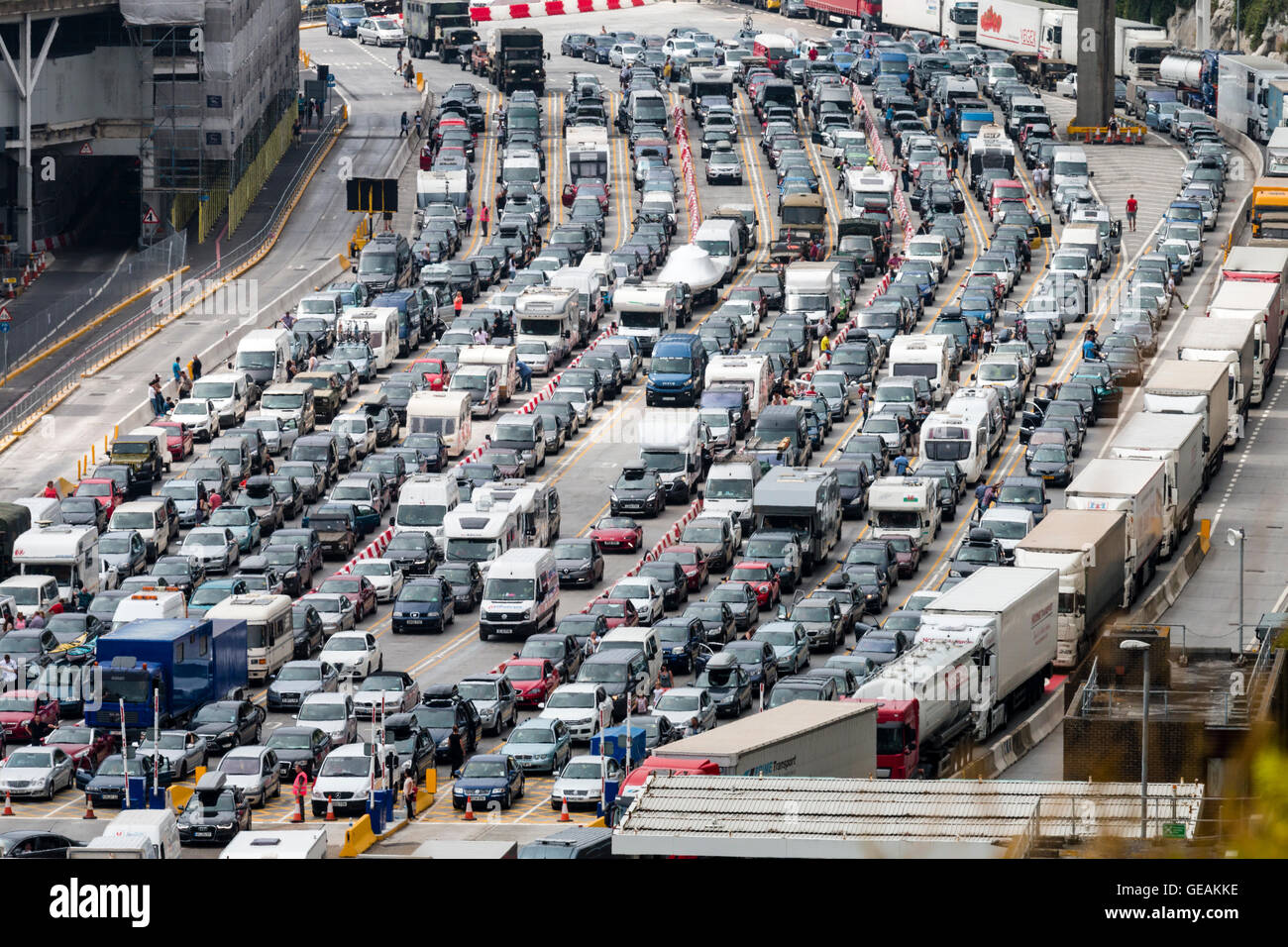 Traffic queue. 10 lanes of traffic queuing for Border Controls at the ...