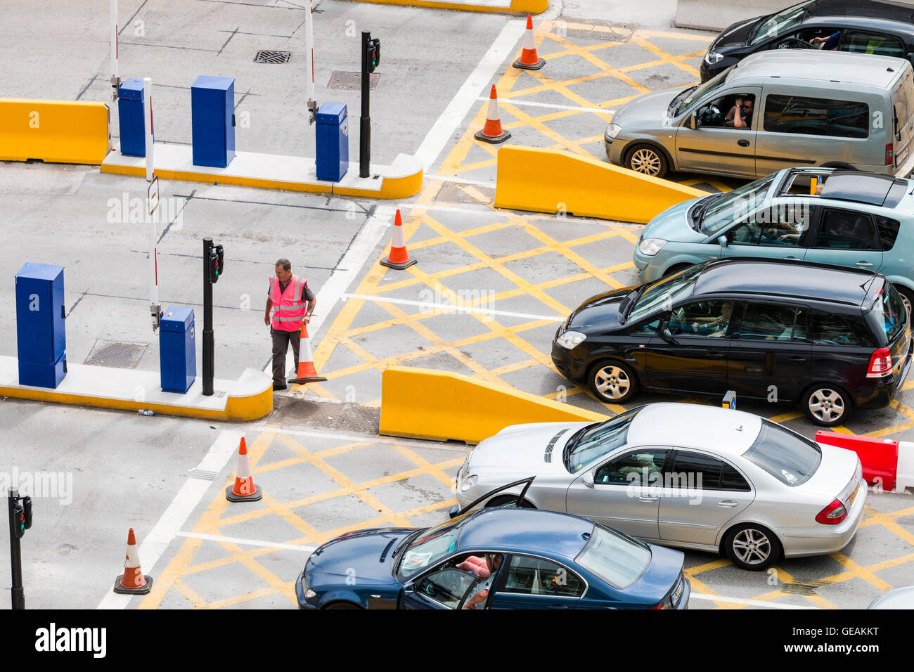 Traffic queue. Lanes of traffic queuing for Border Controls at the ...