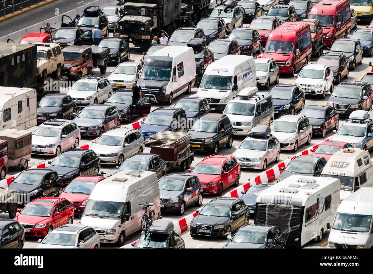 Traffic queue. 10 lanes of traffic queuing for Border Controls at the ...
