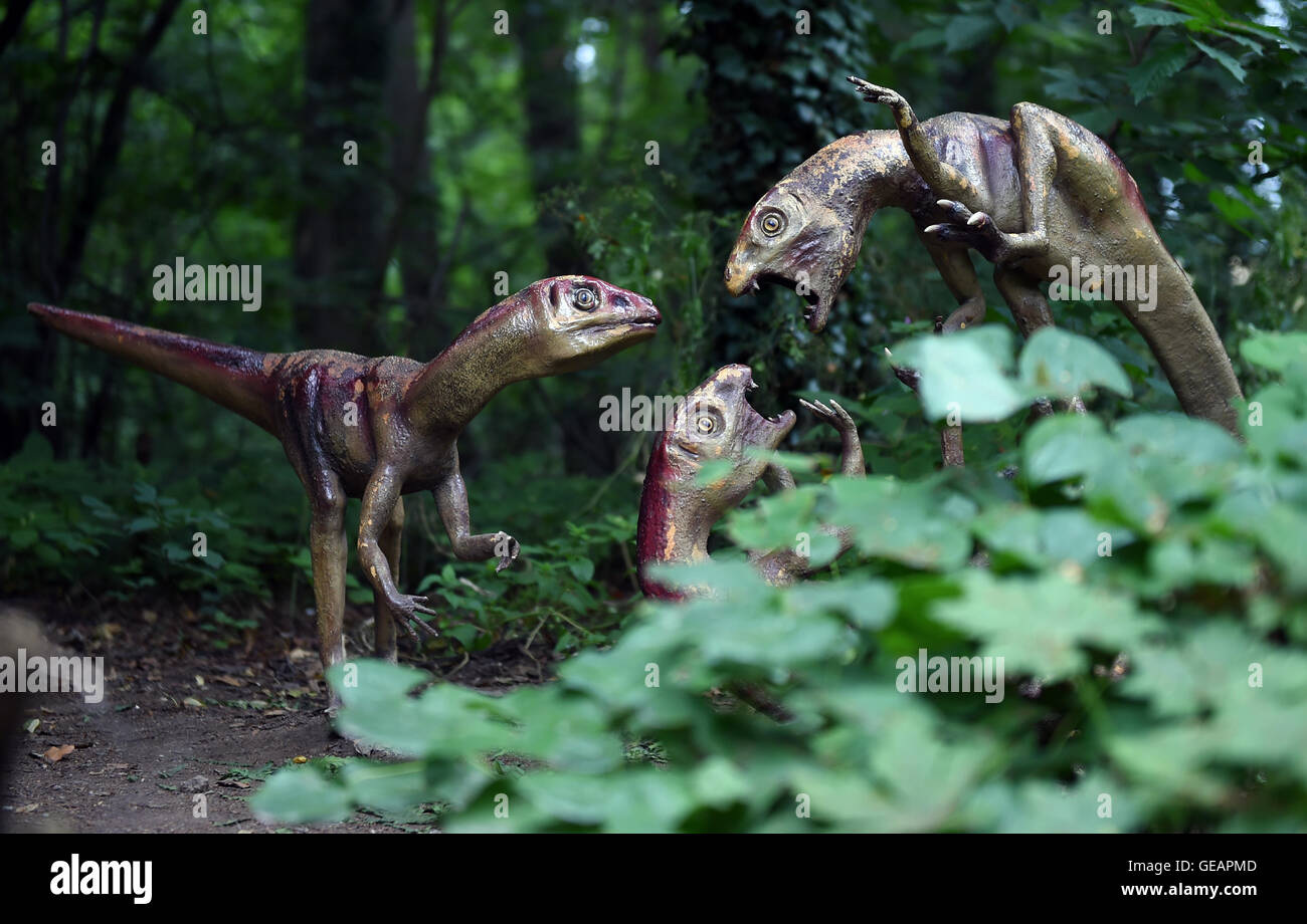 Models of the Heterodontosaurus stand in Saurierpark dinosaur park in ...