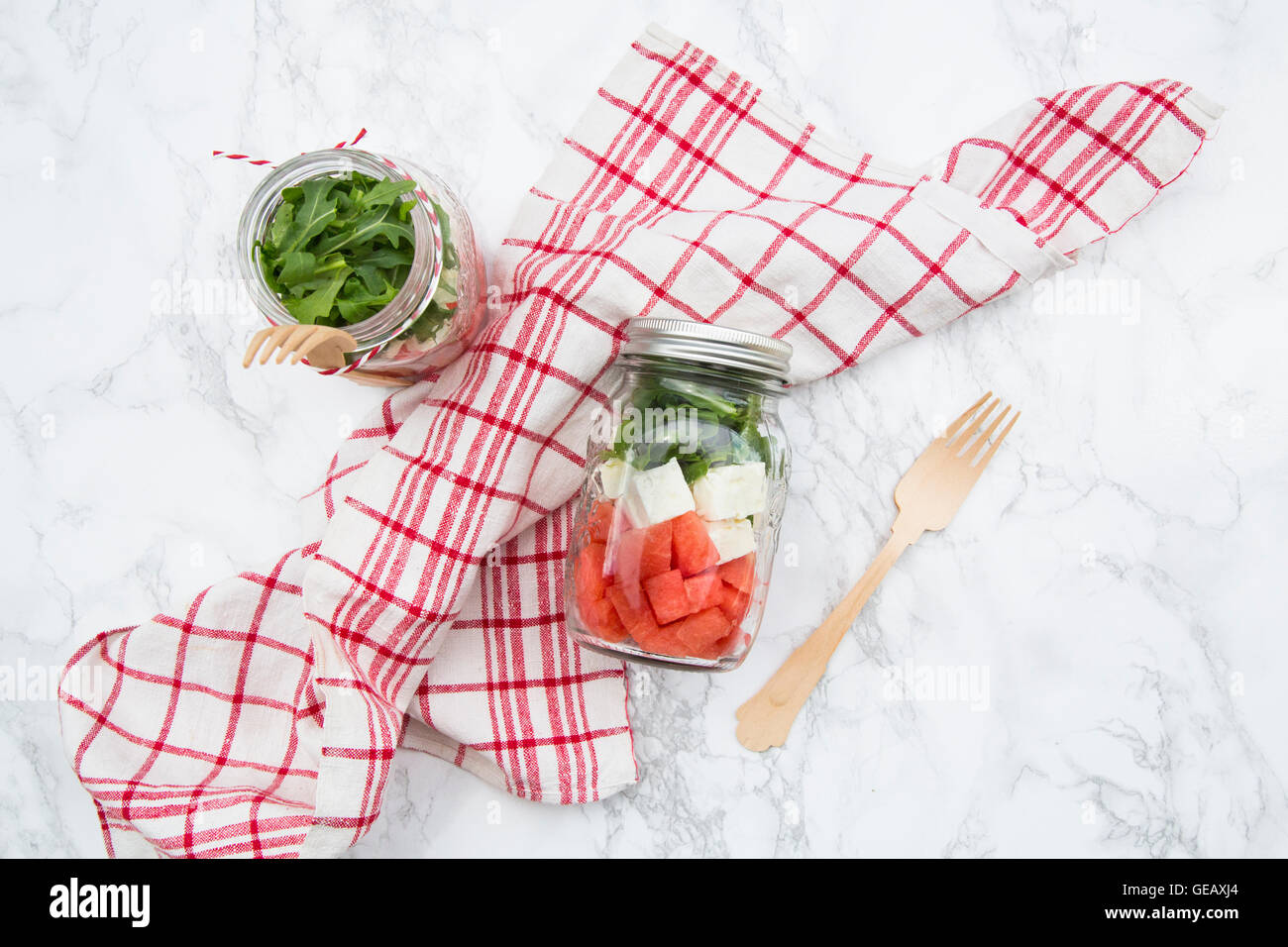 Salad with watermelon, rocket and feta in glasses Stock Photo - Alamy