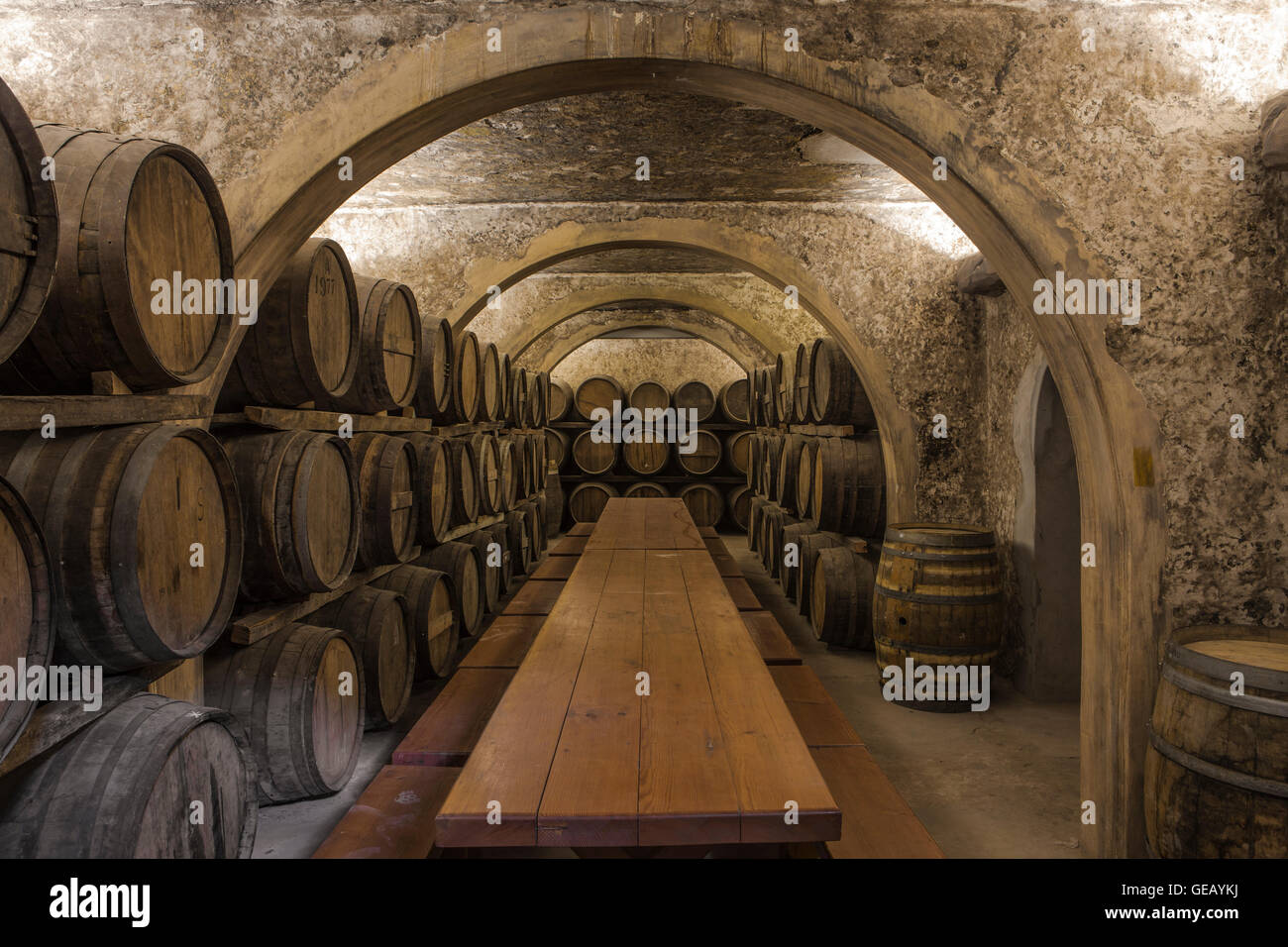 Wine barrels in wine cellar Stock Photo - Alamy