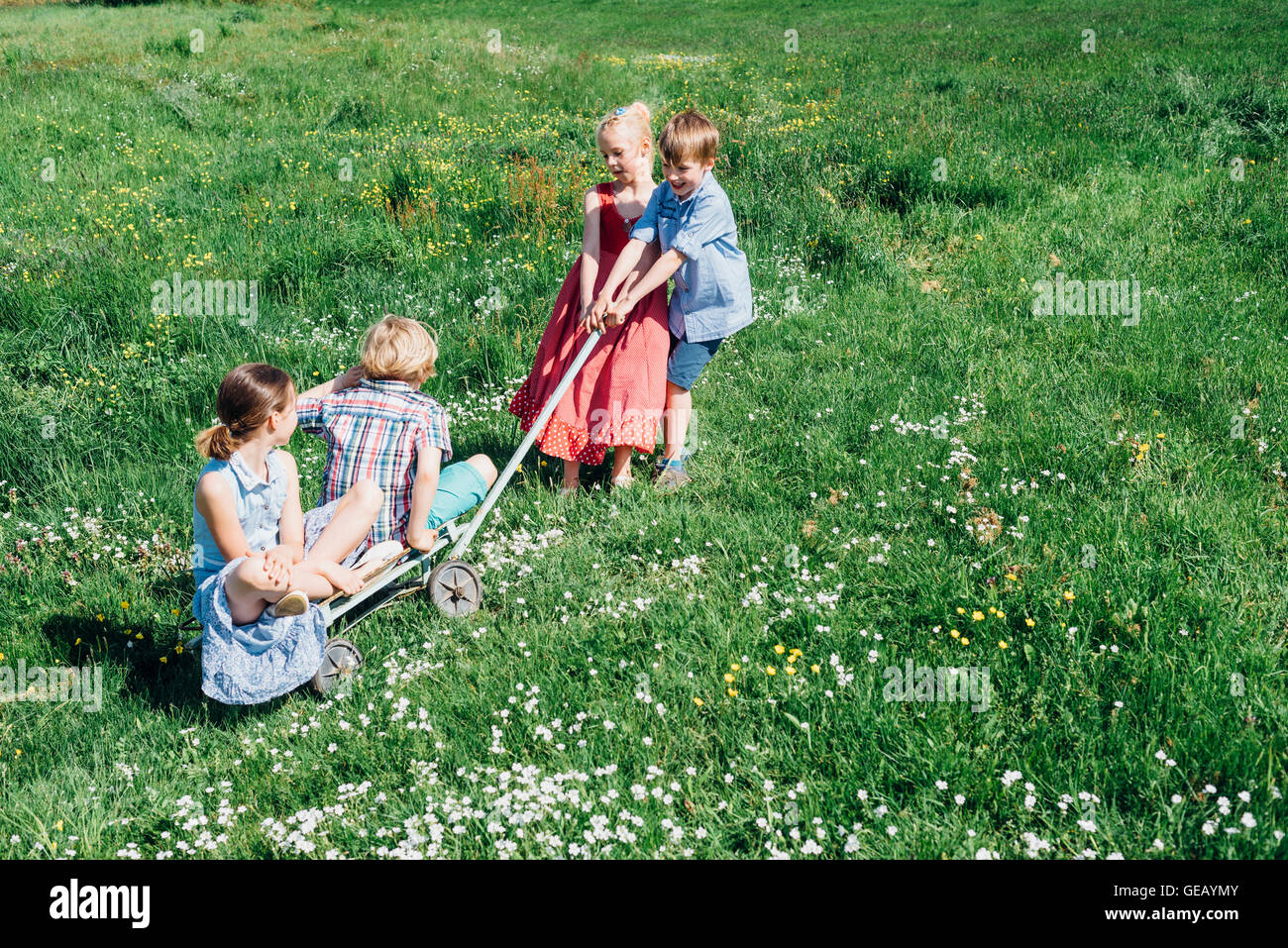 Children with cart playing in meadow Stock Photo - Alamy