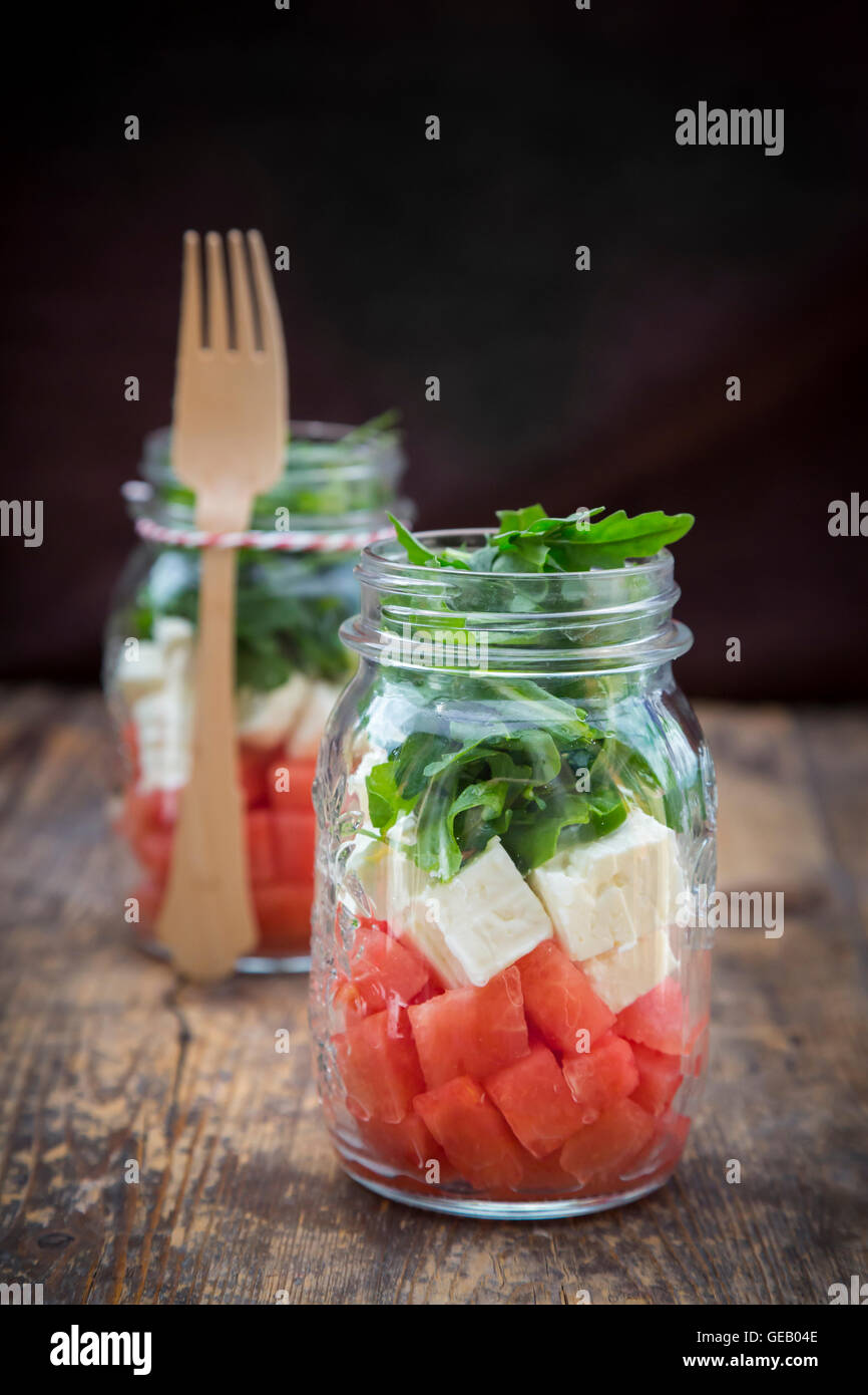 Salad with watermelon, rocket and feta in glasses Stock Photo - Alamy