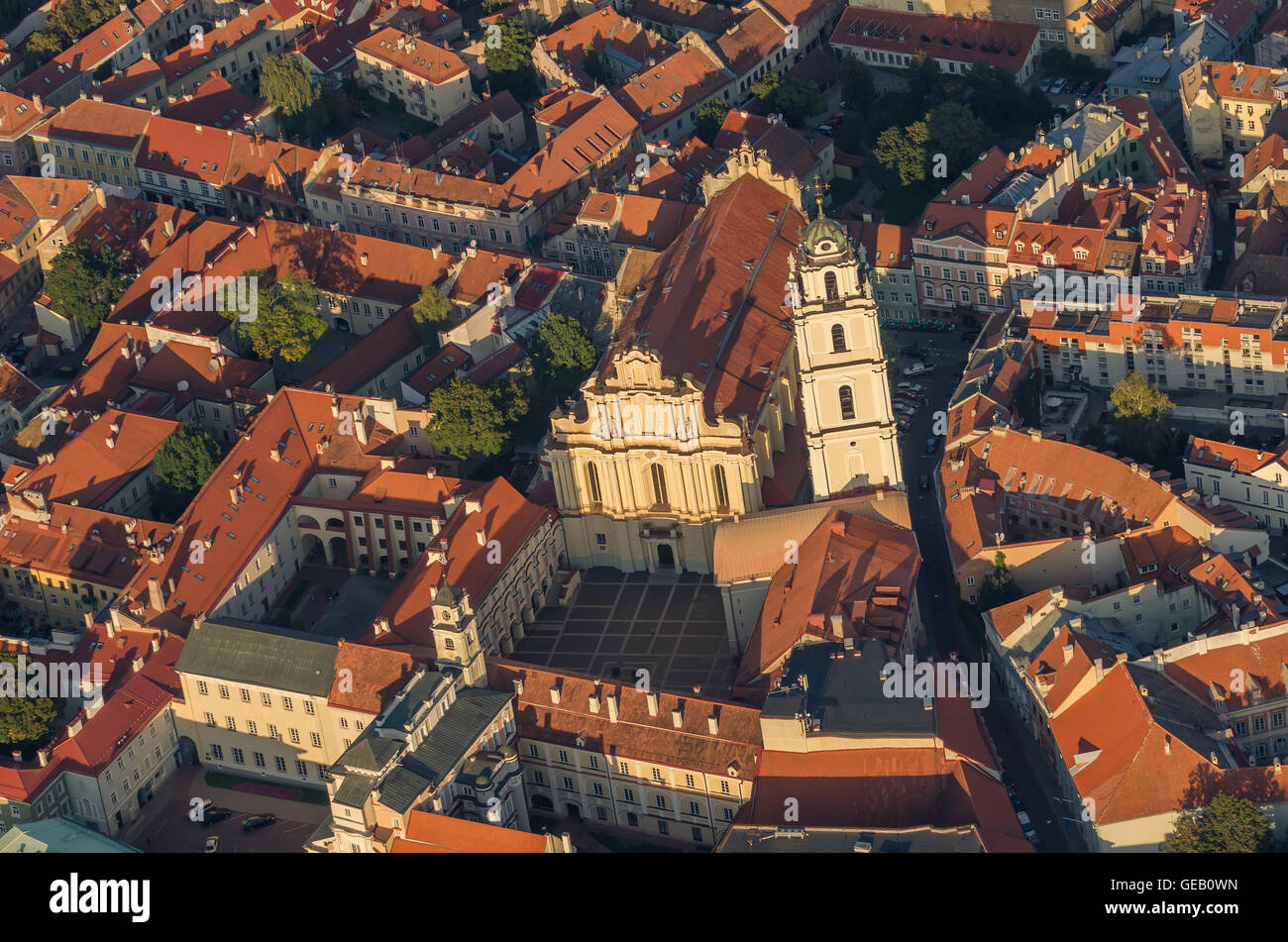 Center of Vilnius, Lithuania. Aerial view from piloted flying object ...