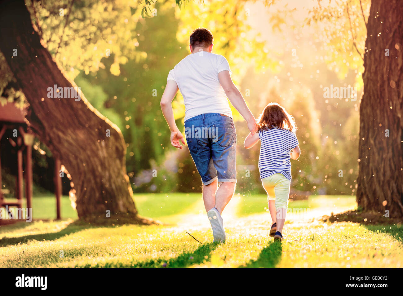Back view of father and his little daughter running on a meadow in the ...