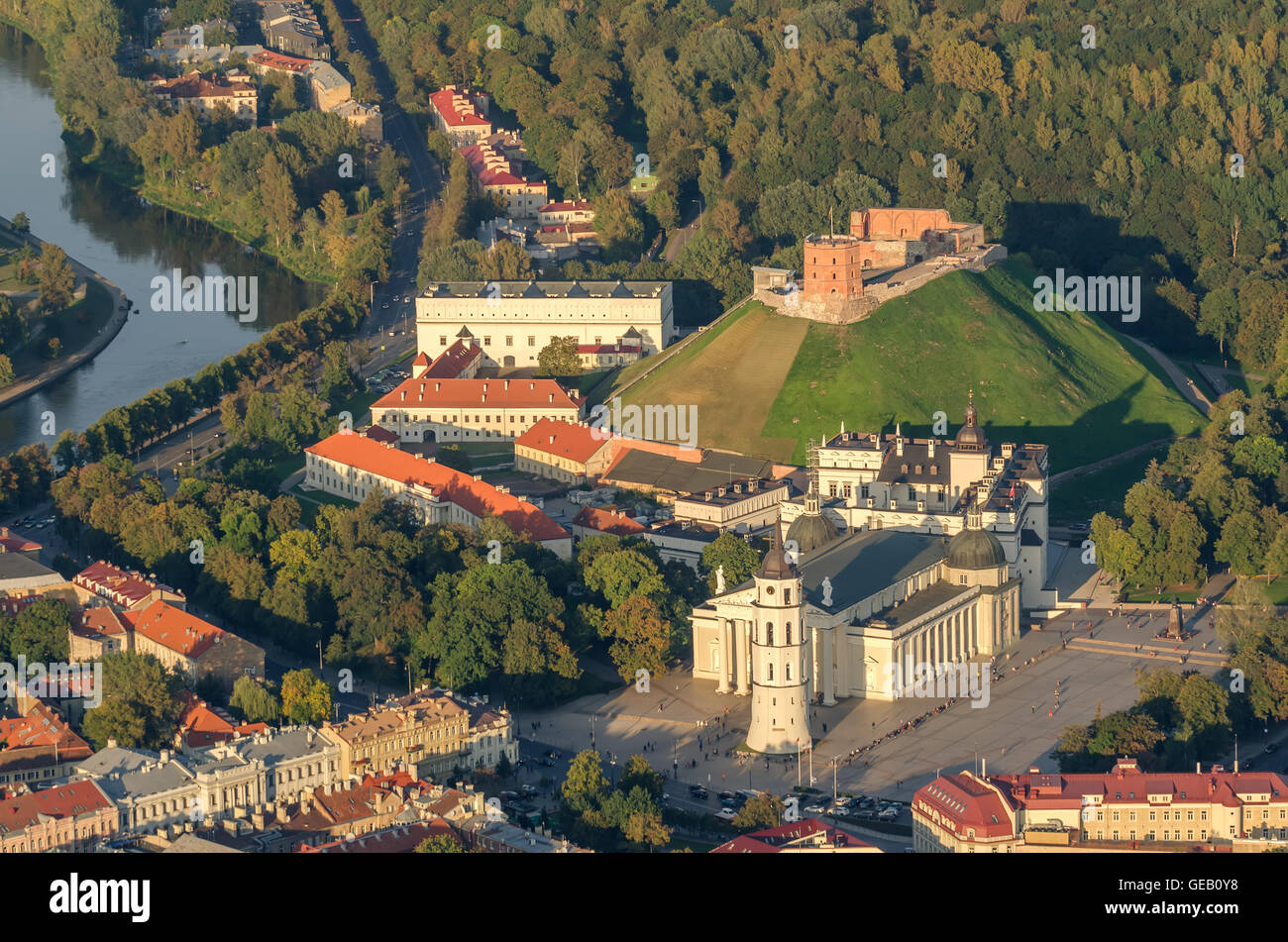 Center of Vilnius, Lithuania. Aerial view from piloted flying object ...