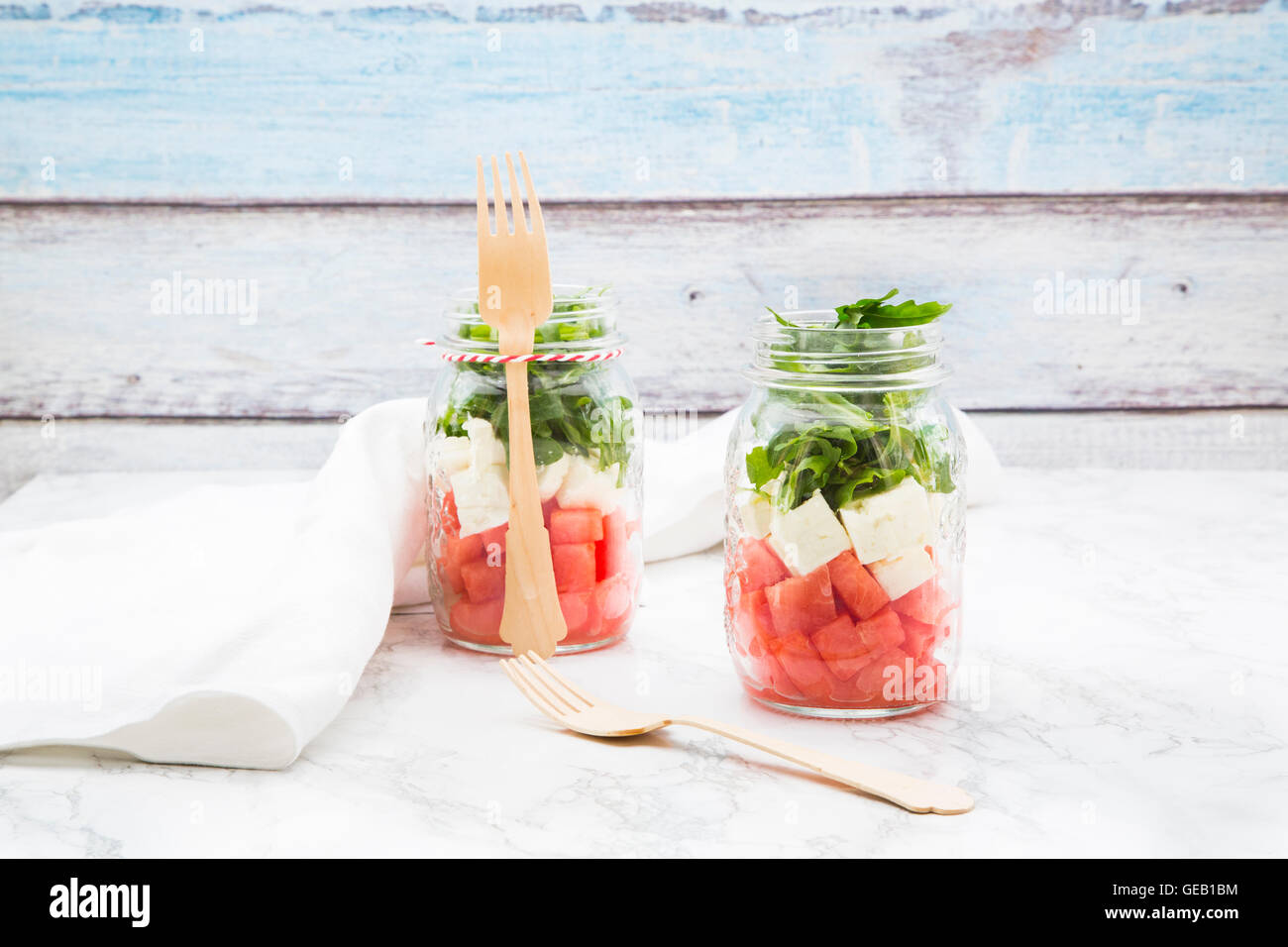 Salad with watermelon, rocket and feta in glasses Stock Photo - Alamy