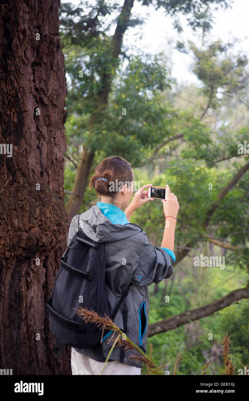 Indonesia, Java, Woman hiking in mountains and taking pictures with ...