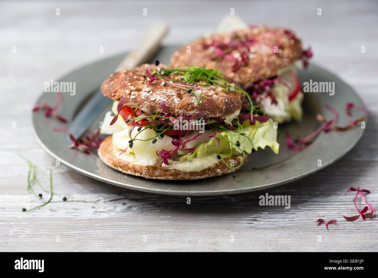 Veggie burger, wholemeal, vegan, with salad, radish, tomato, rock ...