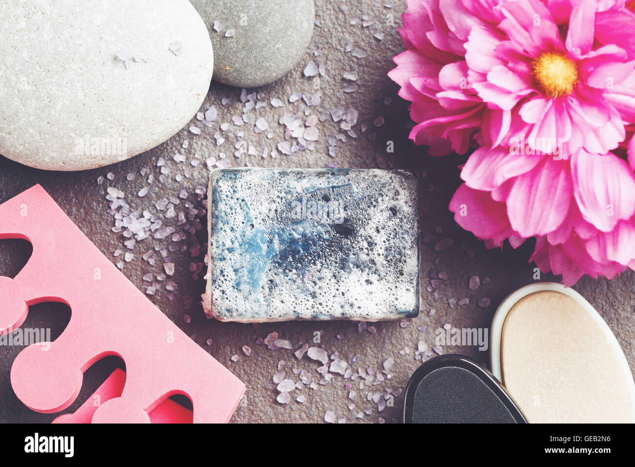 Spa treatment and tools for pedicure. Top view Stock Photo - Alamy
