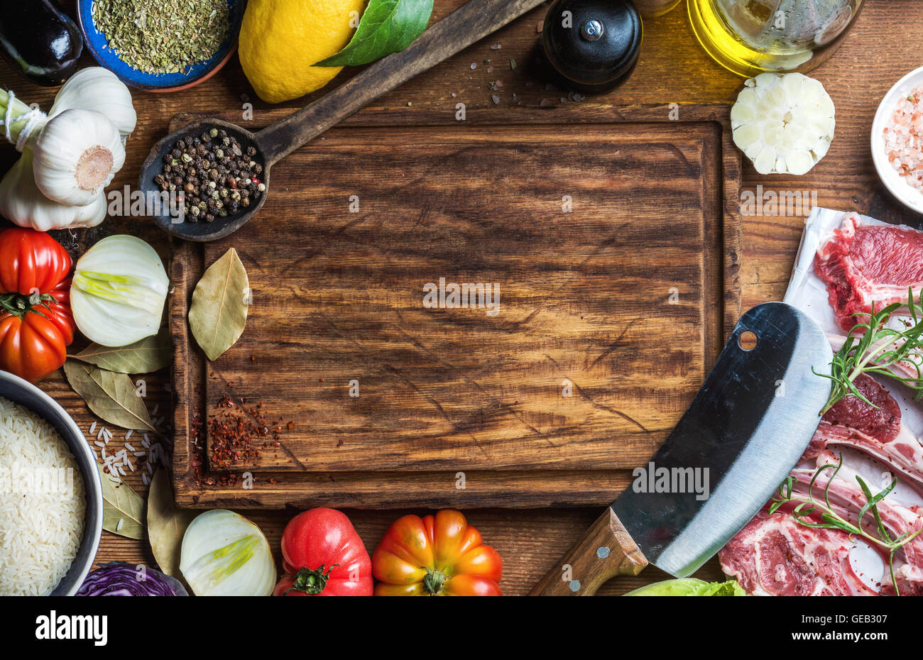 Ingredients for cooking healthy meat dinner. Raw uncooked lamb chops ...