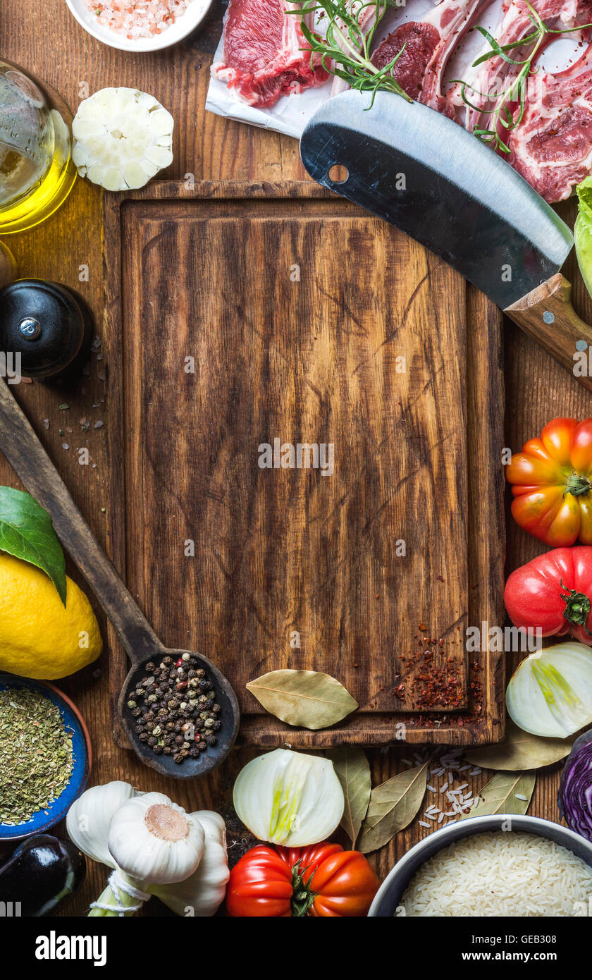 Ingredients for cooking healthy meat dinner. Raw uncooked lamb chops ...