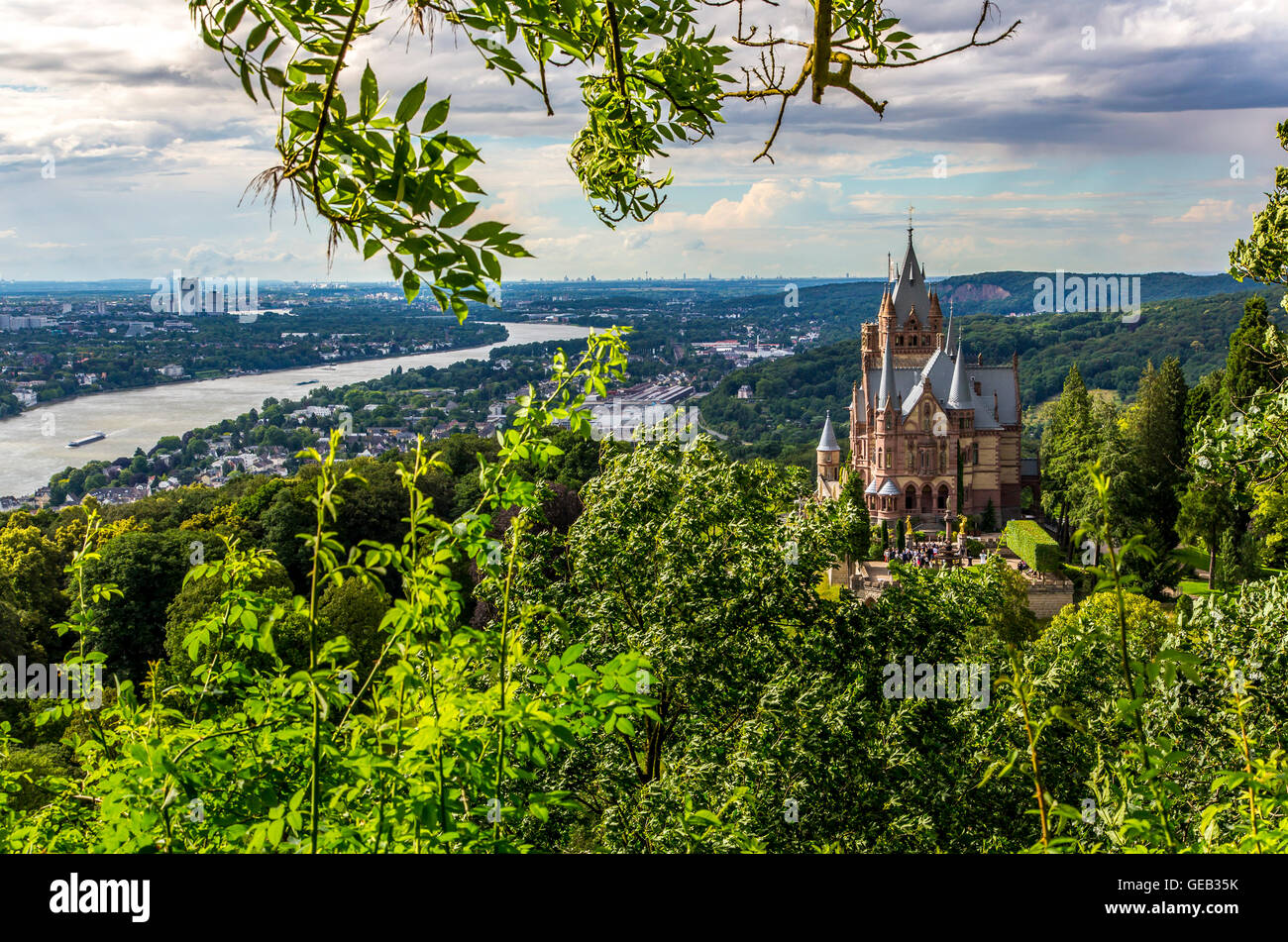 Drachenfels mountain, castle ruin and castle Drachenburg, Siebengebirge ...