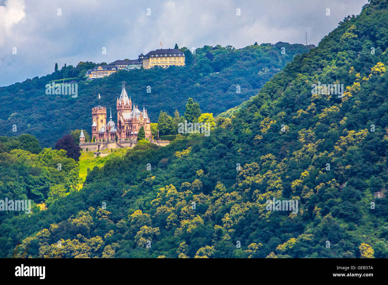 Drachenfels mountain, castle ruin and castle Drachenburg, Siebengebirge ...