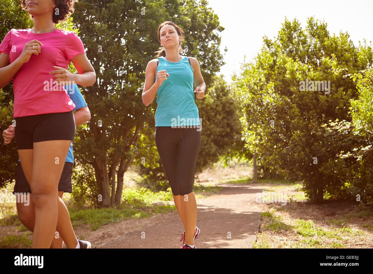 Group of three runners on a natural running trail in daylight ...