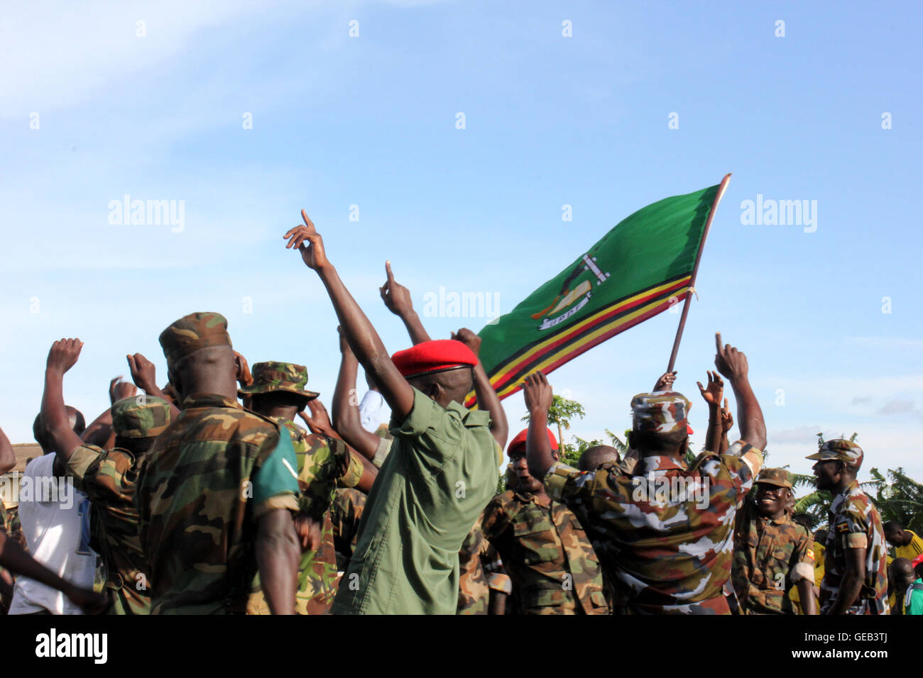 Uganda People defense Forces (UPDF) soldiers jubilate after victory in ...
