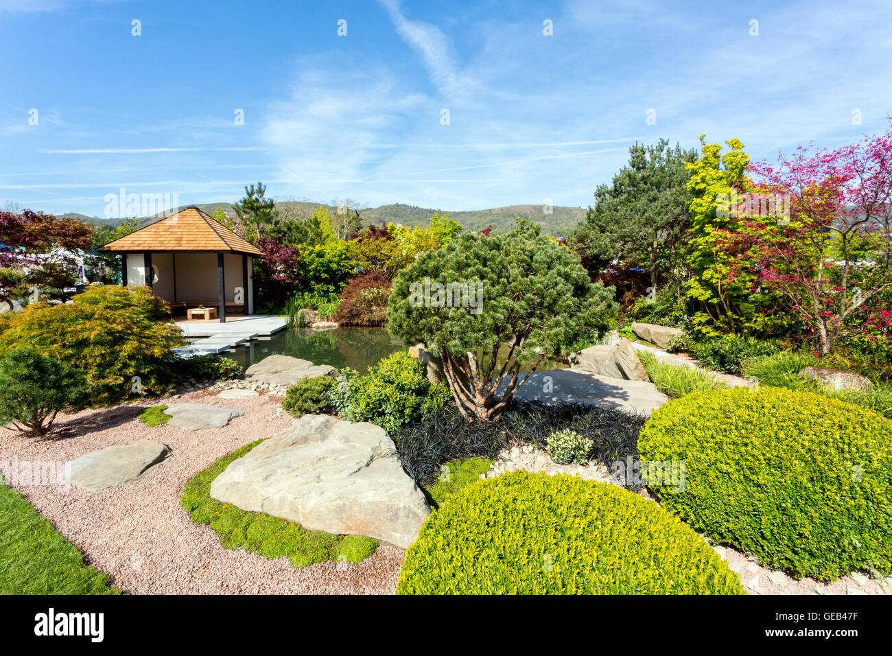 A Japanese styled show garden at the 2016 RHS Malvern Spring Show ...