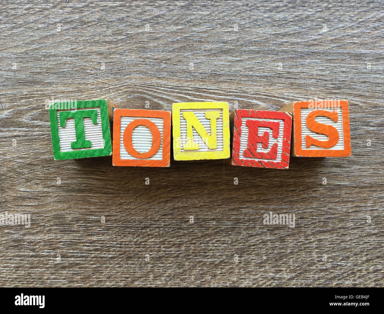 Alphabet wood block letters forming the word TONES, combining those ...