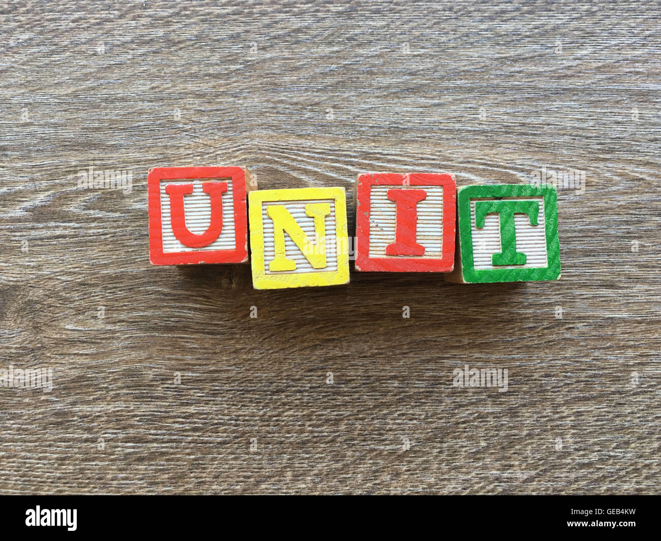 Alphabet wood block letters forming the word UNIT, combining those toys ...