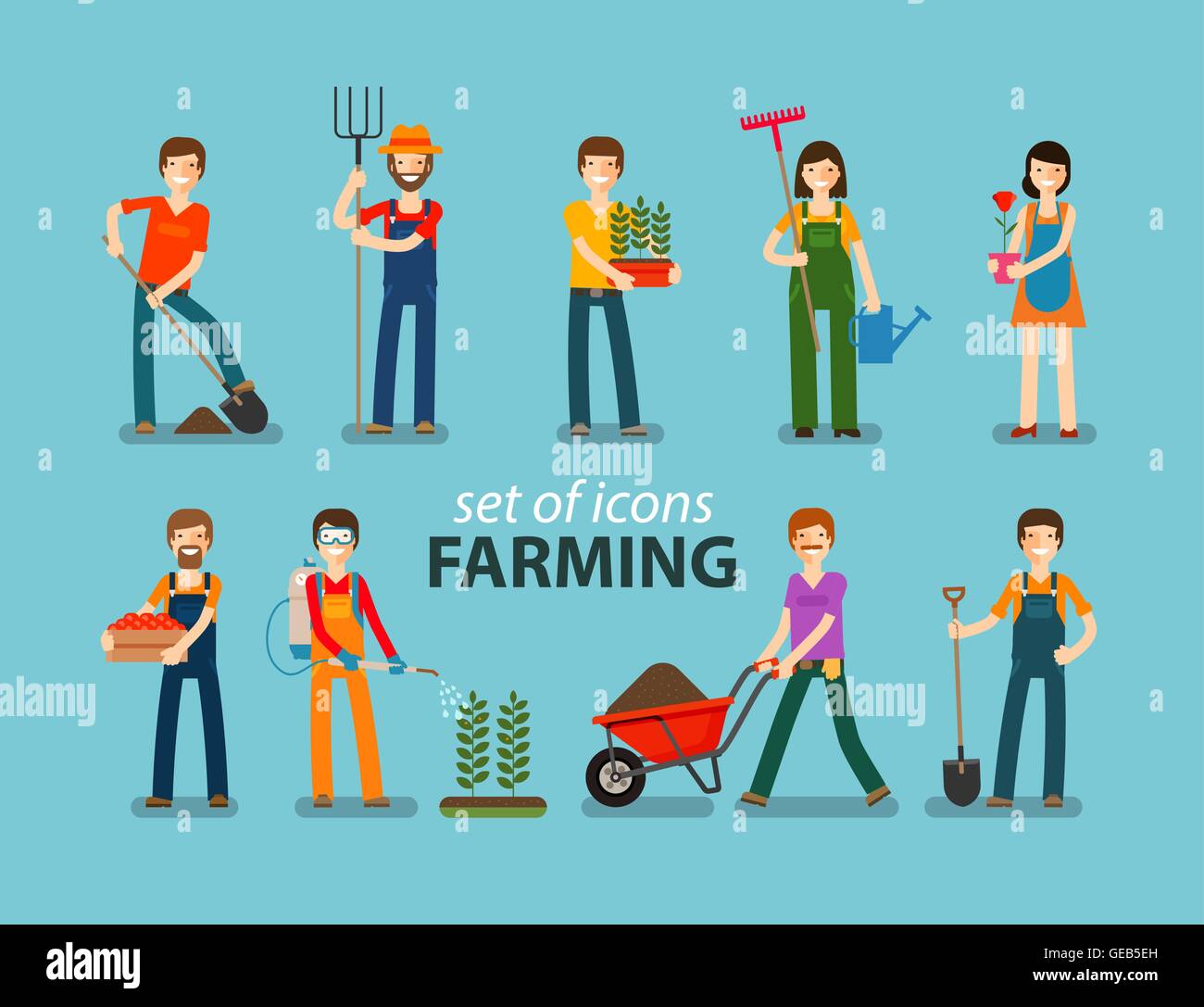 Farming and gardening icon set. People at work on the farm. Vector ...