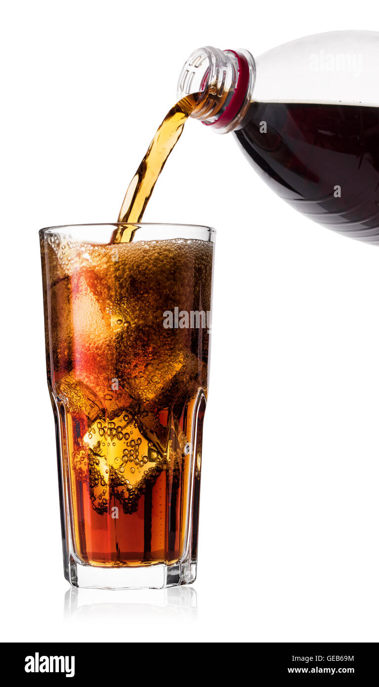 Cold cola with ice in glass and bottle isolated on white background ...