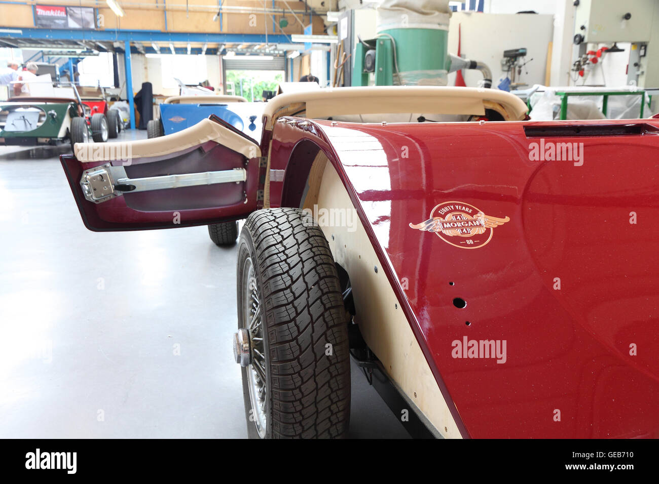 80th Anniversary edition of Morgan Plus 4 sportscar in the trim shop at ...