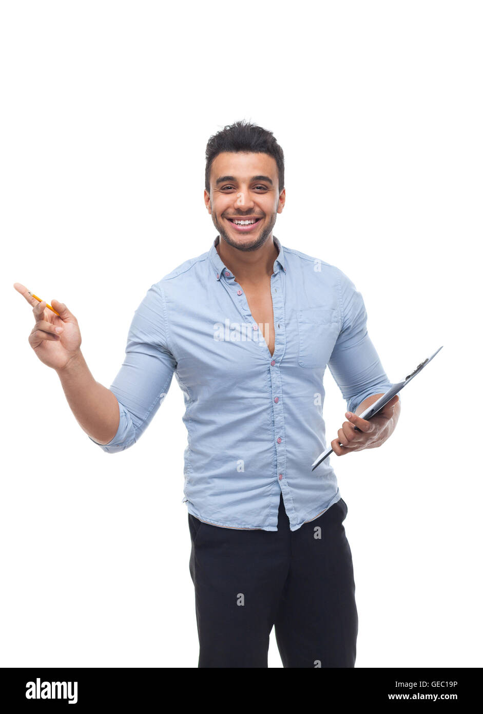 Handsome business man happy smile, businessman holding folder pencil ...