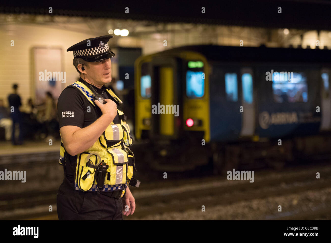 British Transport Police (BTP) at Cardiff railway train station in ...