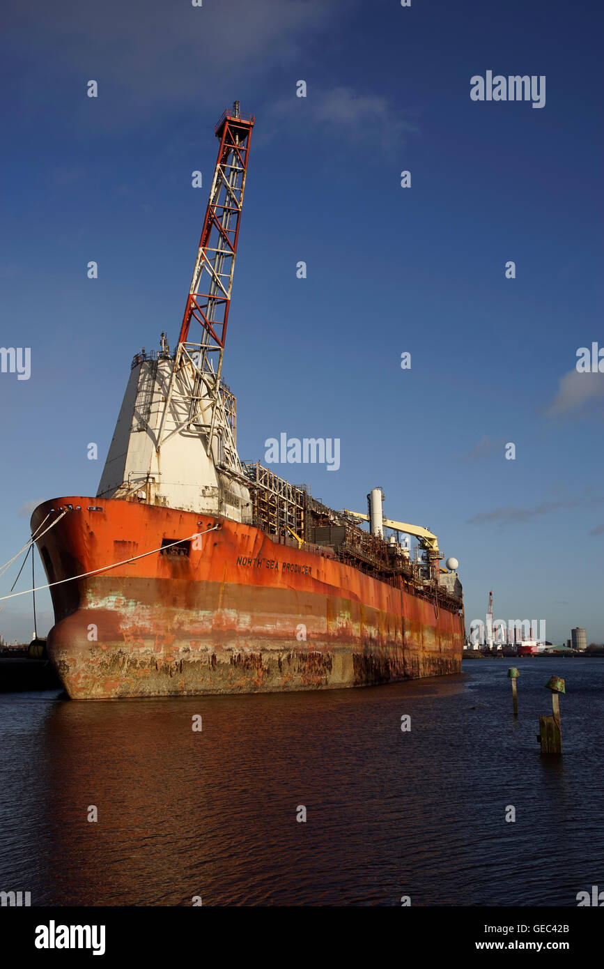 The North Sea Producer, an oil drilling ship in docks at Middlesborough ...