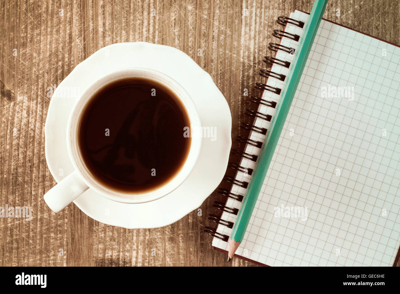 Top view of blank notebook and coffee cup on wooden background Stock ...