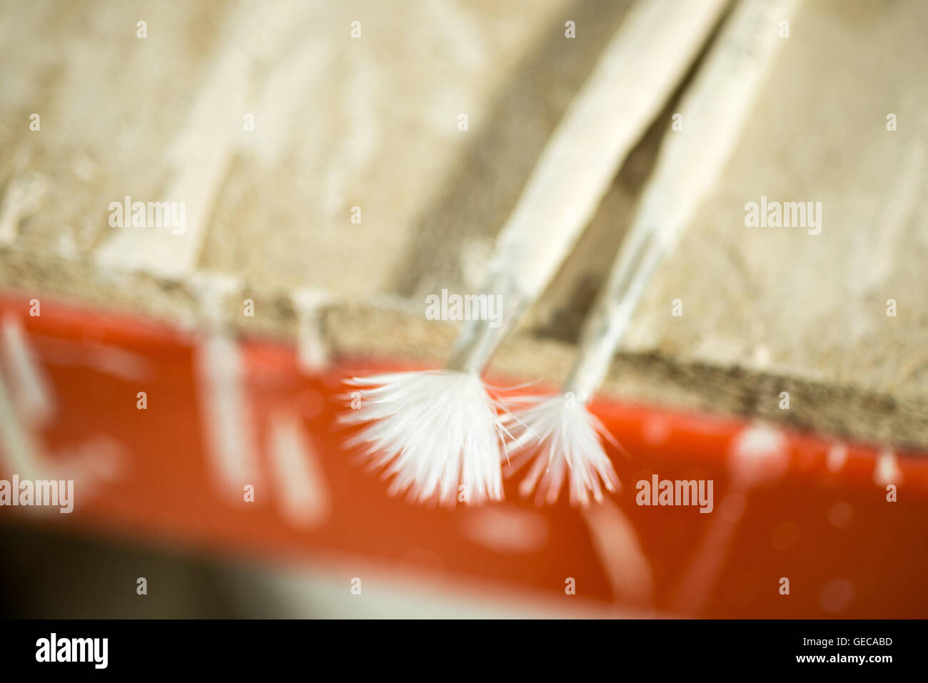 A pair of used paint brushes with split bristles on the edge of a ...