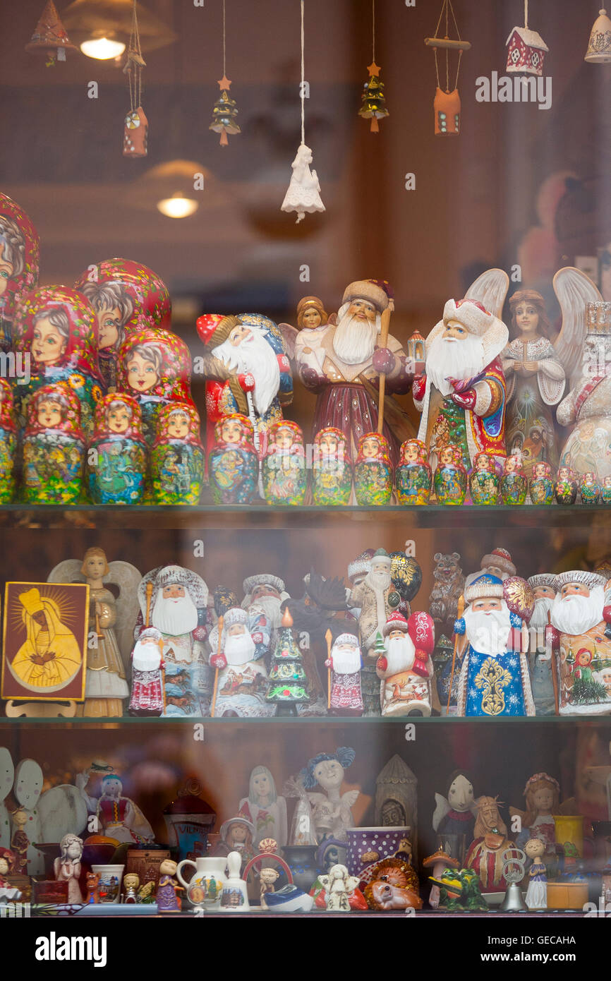 Ceramic souvenirs, Russian dolls and creatures for sale in a shop ...